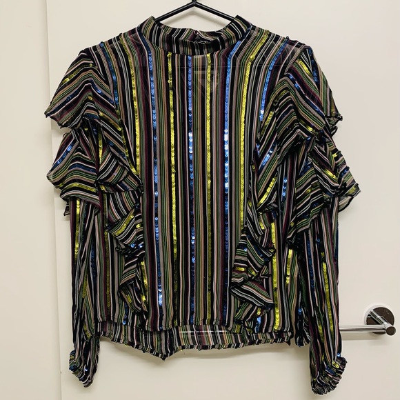 Zara | Tops | Nwt Zara Sequin And Stripe Ruffle Holiday Party Blouse ...